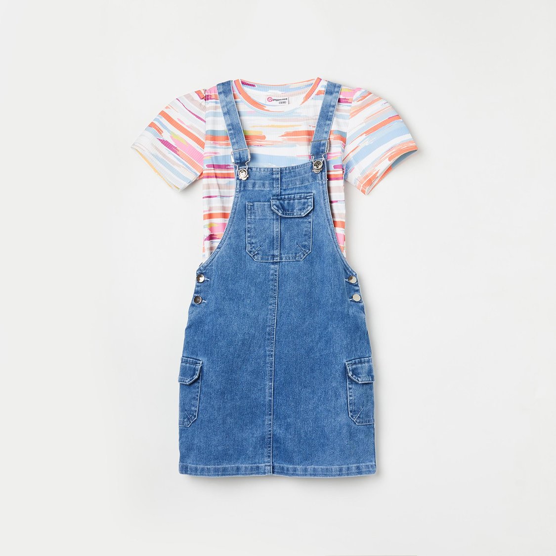 Buy PEPPERMINT Girls Washed Denim Pinafore Dress with Top from ...