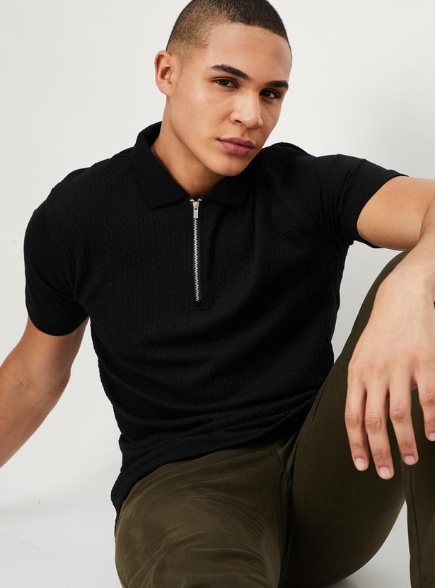 Buy Men Slim Fit Textured Polo T-shirt Online at just Rs. 799.0 ...